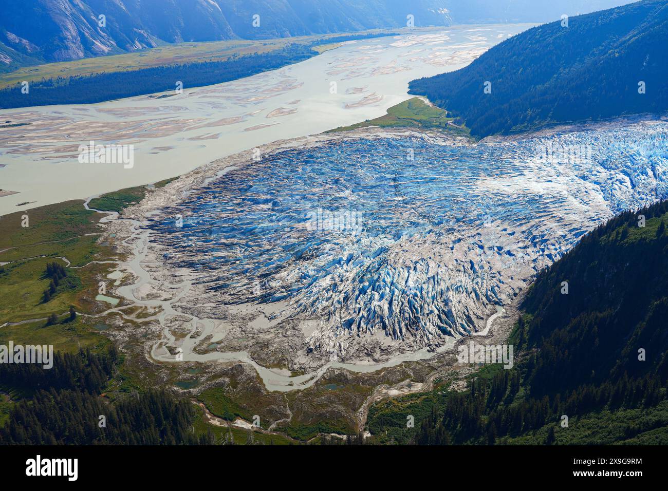 Aerial view of the glaciers located along the Taku Inlet, which are ...