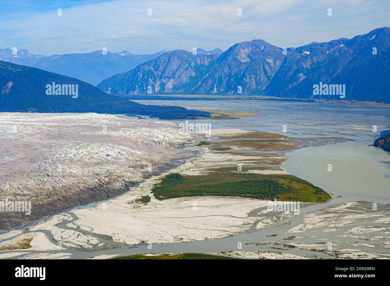 Aerial view of the glaciers located along the Taku Inlet, which are ...