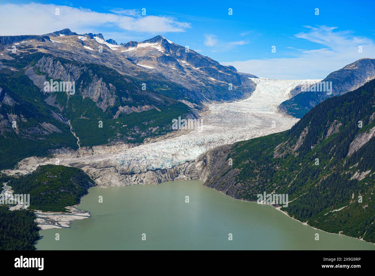 Aerial view of a suspended glacier located along the Taku Inlet which ...