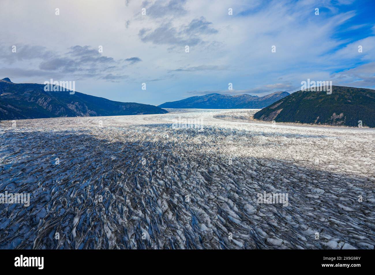 Aerial view of the glaciers located along the Taku Inlet, which are ...