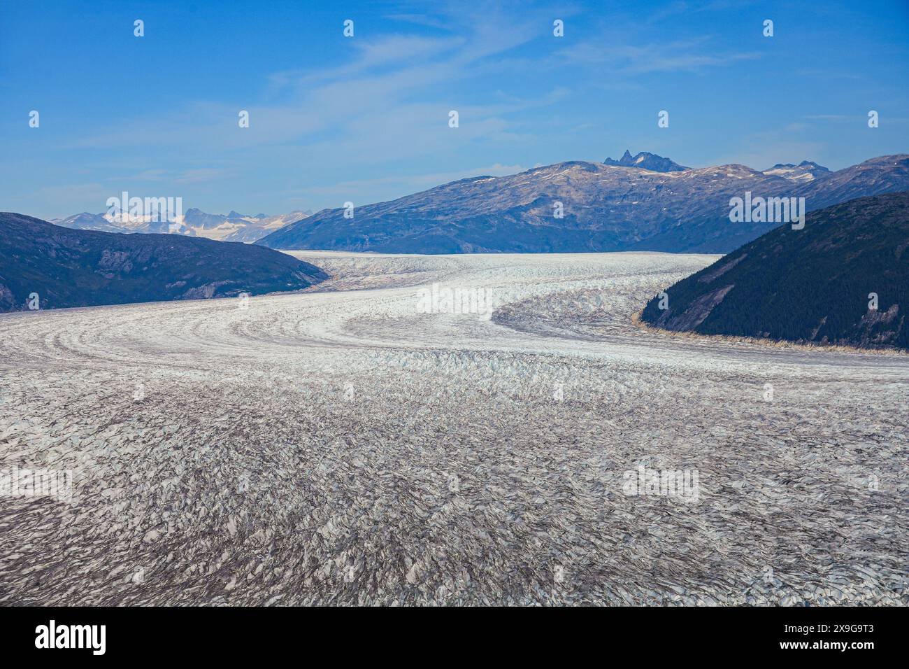 Aerial view of the glaciers located along the Taku Inlet, which are ...