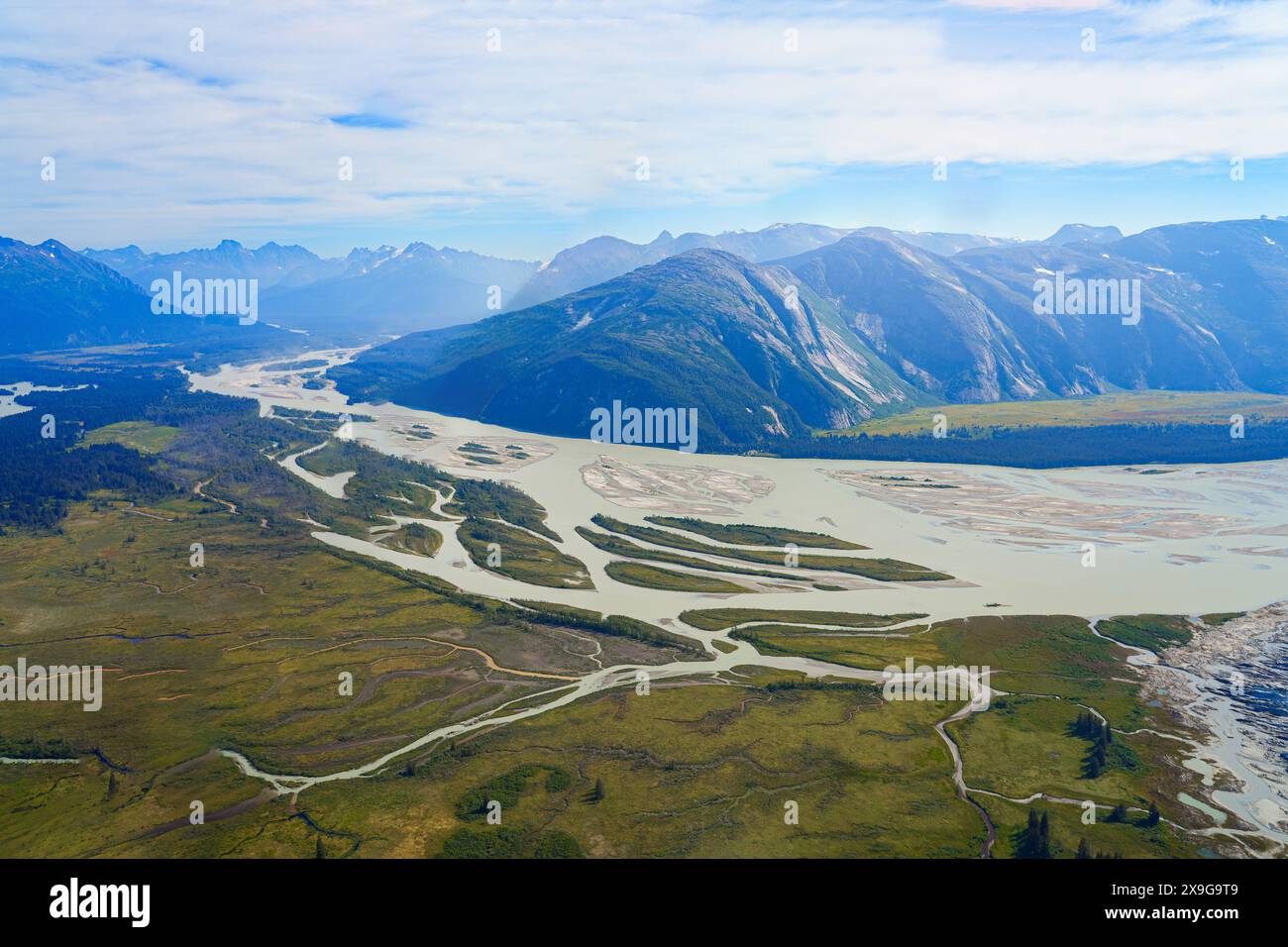 Aerial view of a river delta covered with moraine in the Taku Inlet ...