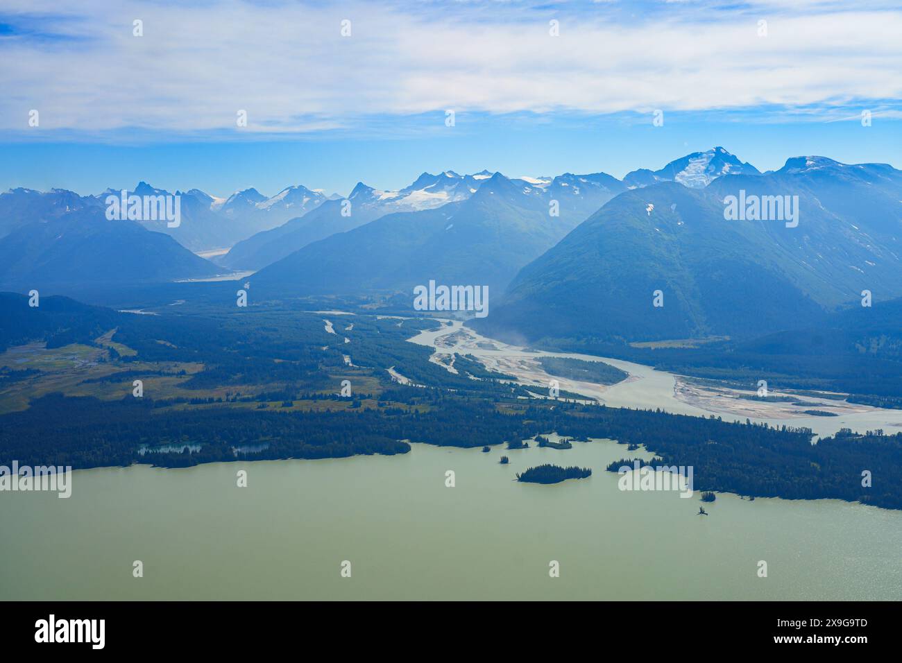 Aerial view of a river delta covered with moraine in the Taku Inlet ...