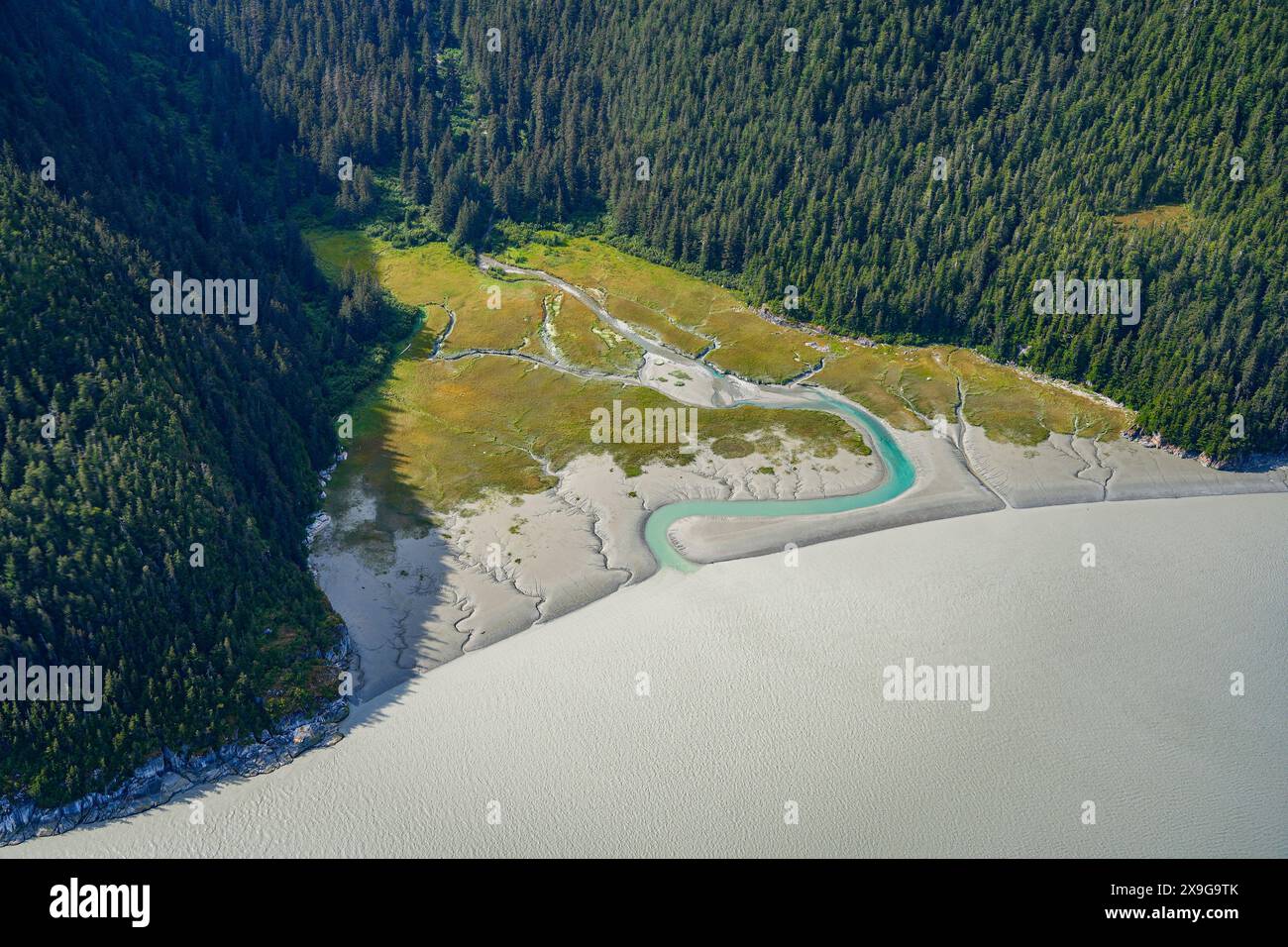 Aerial view of a melt water curvy river delta flowing into the Taku ...