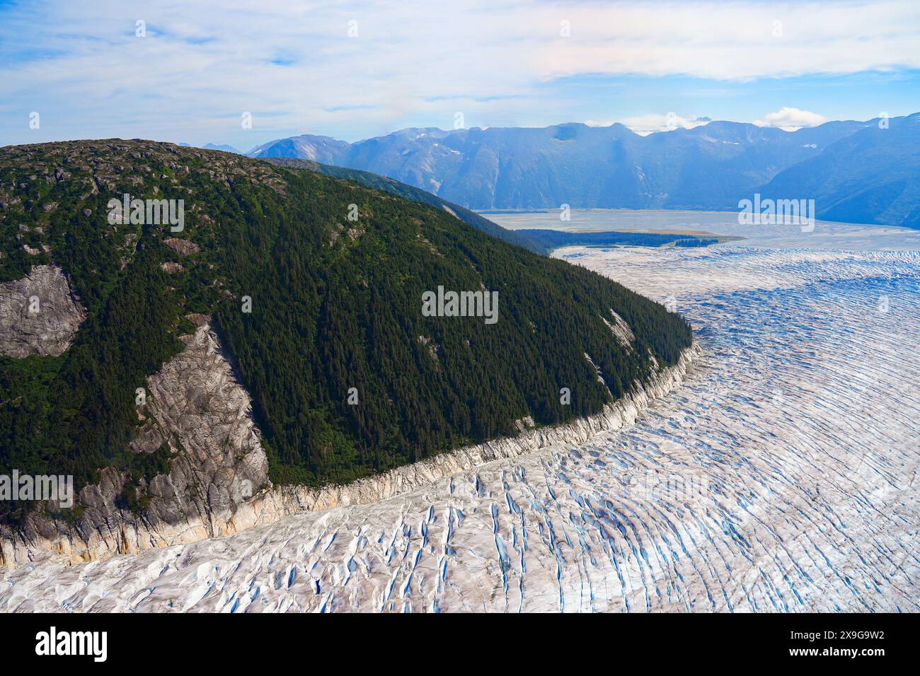 Aerial view of the glaciers located along the Taku Inlet, which are ...