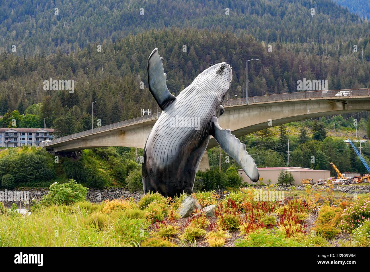 Tahku, a bronze sculpture of a breaching humpback whale in the middle ...