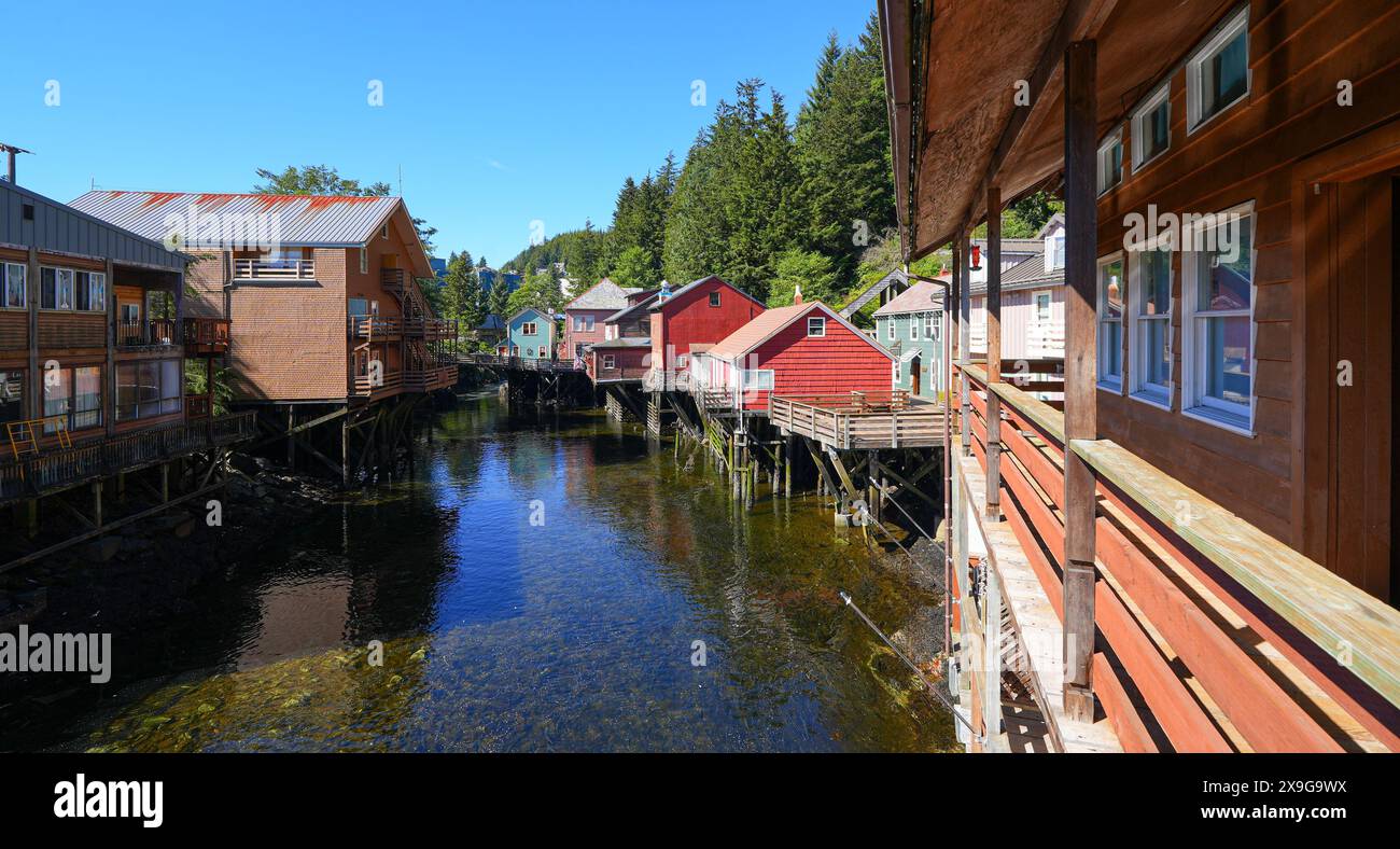 Historic wooden buildings of Creek Street in Ketchikan, built on a ...