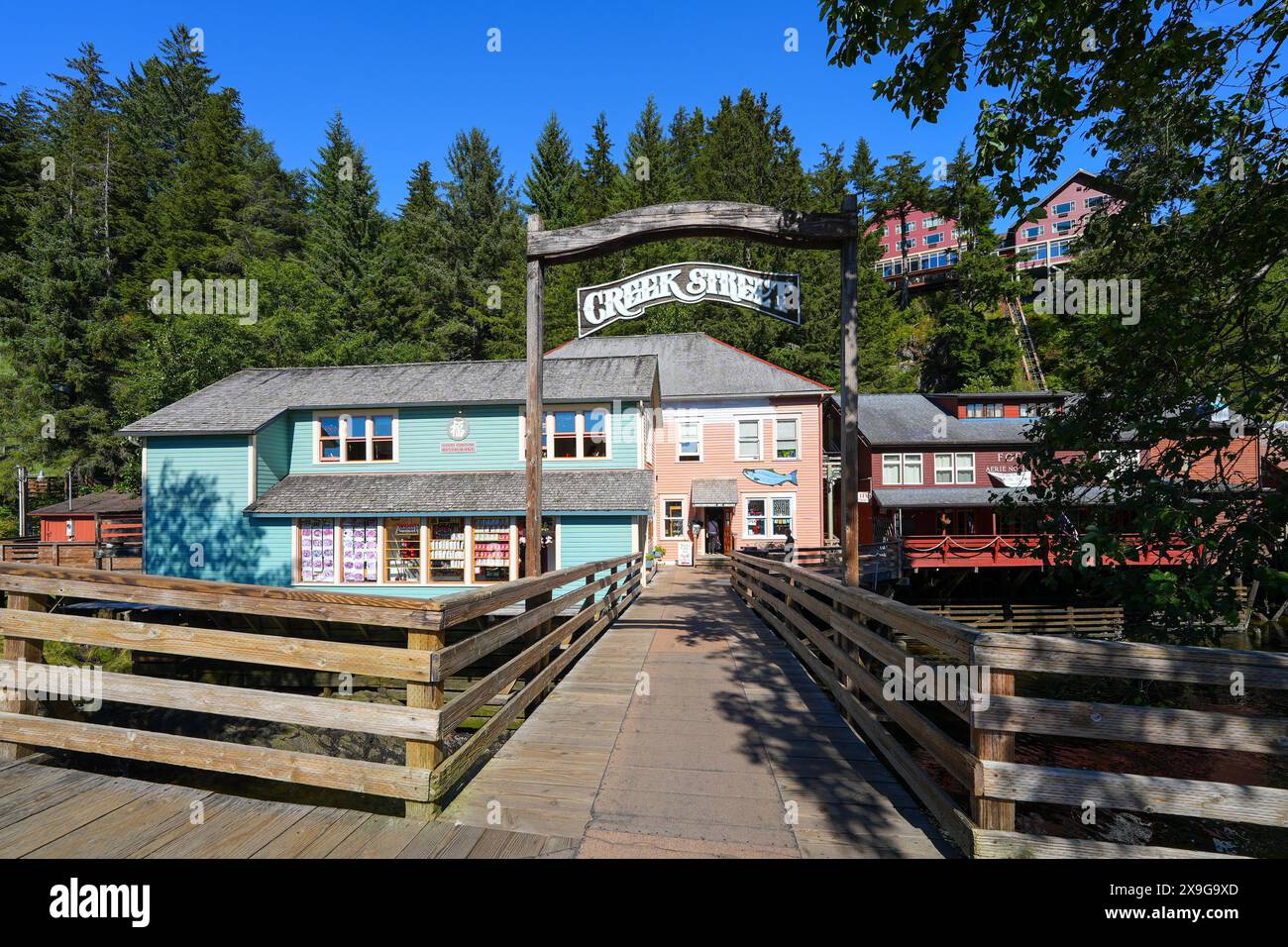 Wooden arch marking the entrance to Creek Street in Ketchikan, a ...