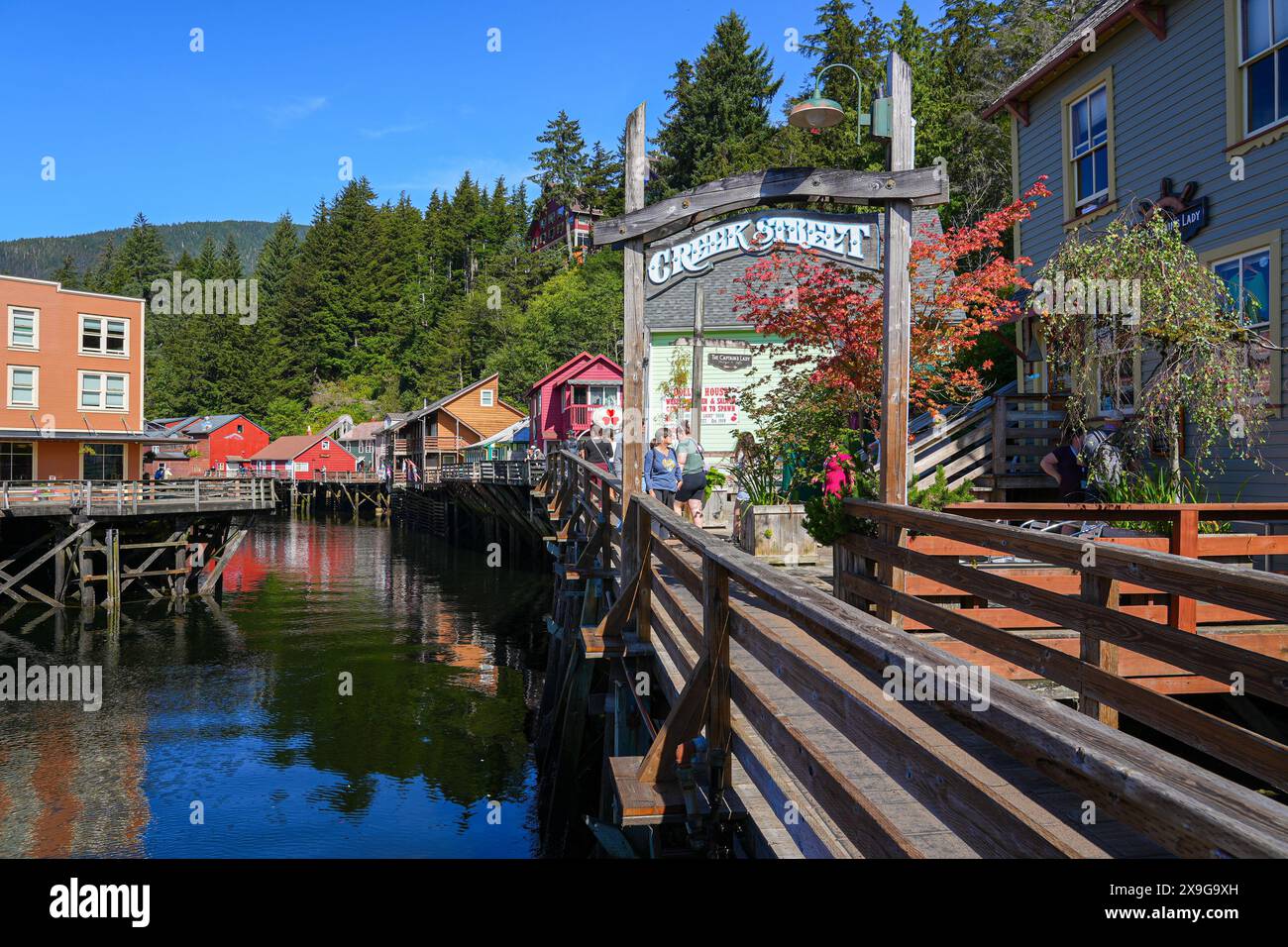 Wooden arch marking the entrance to Creek Street in Ketchikan, a ...