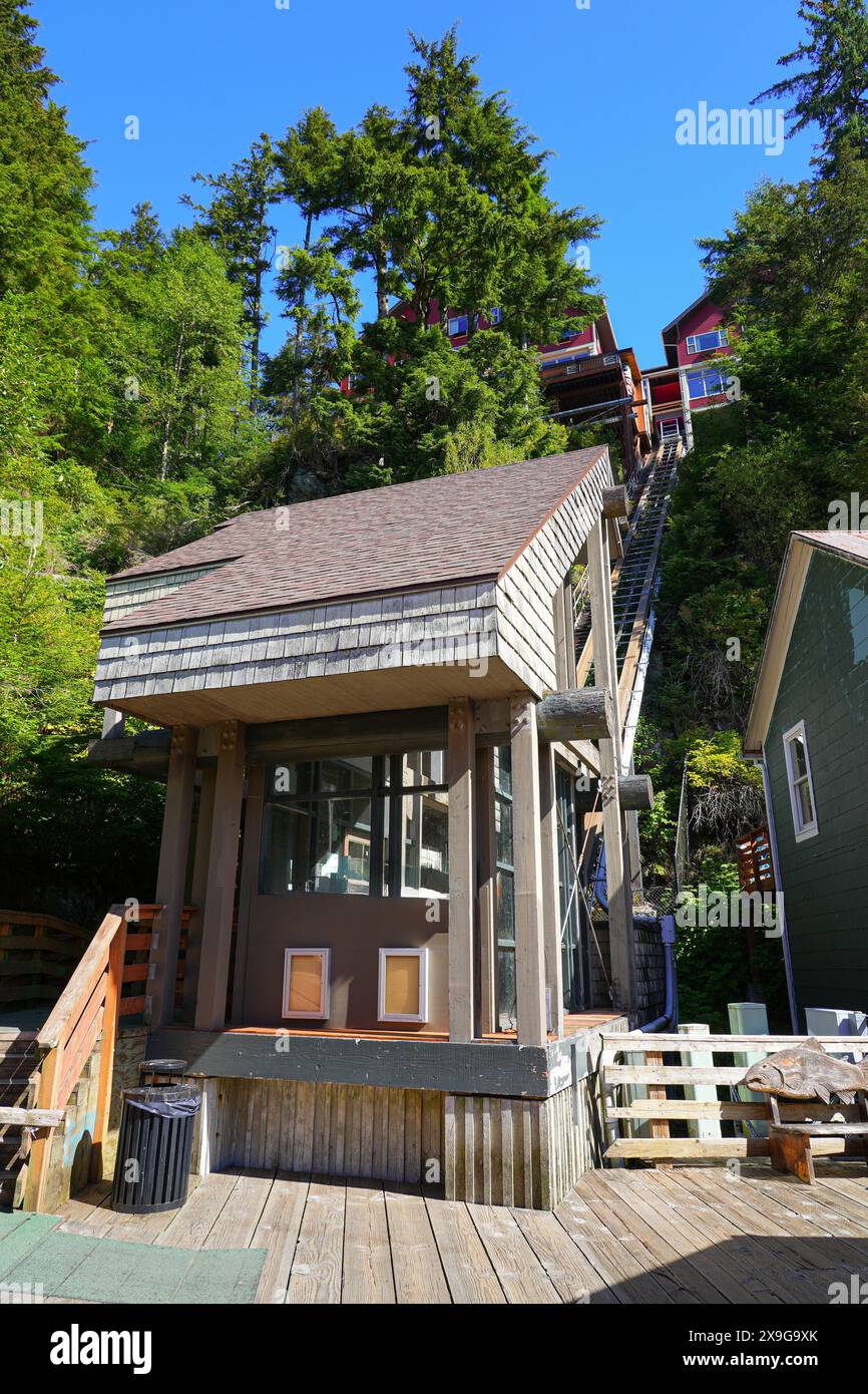 Funicular leading up to a hotel above Creek Street in Ketchikan, a ...