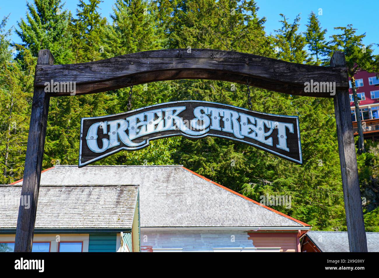 Wooden arch marking the entrance to Creek Street in Ketchikan, a ...