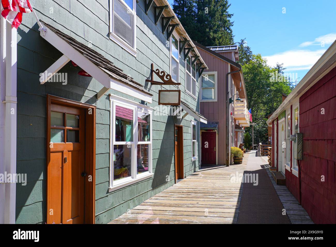 Historic wooden buildings of Creek Street in Ketchikan, built on a ...