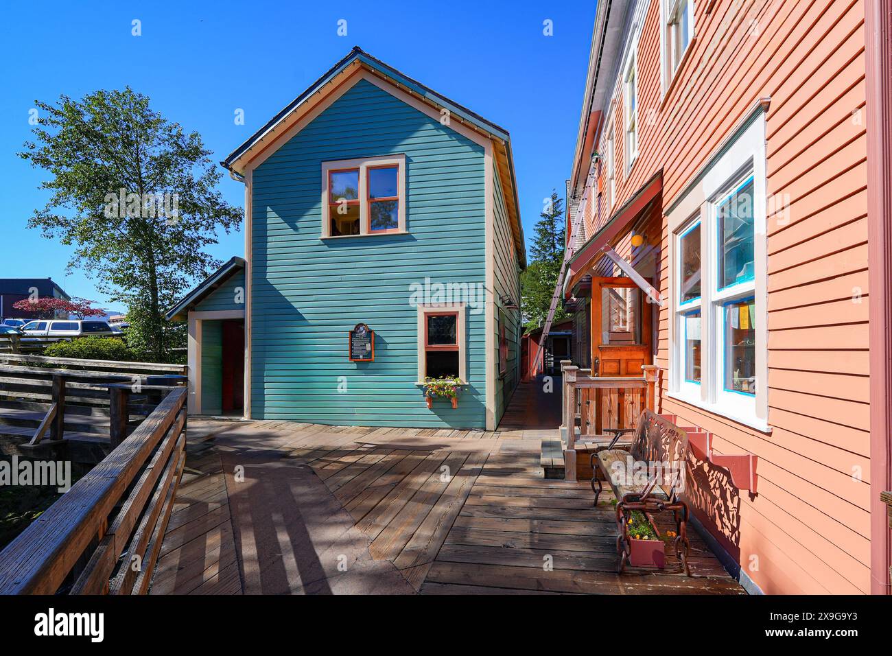 Historic wooden buildings of Creek Street in Ketchikan, built on a ...