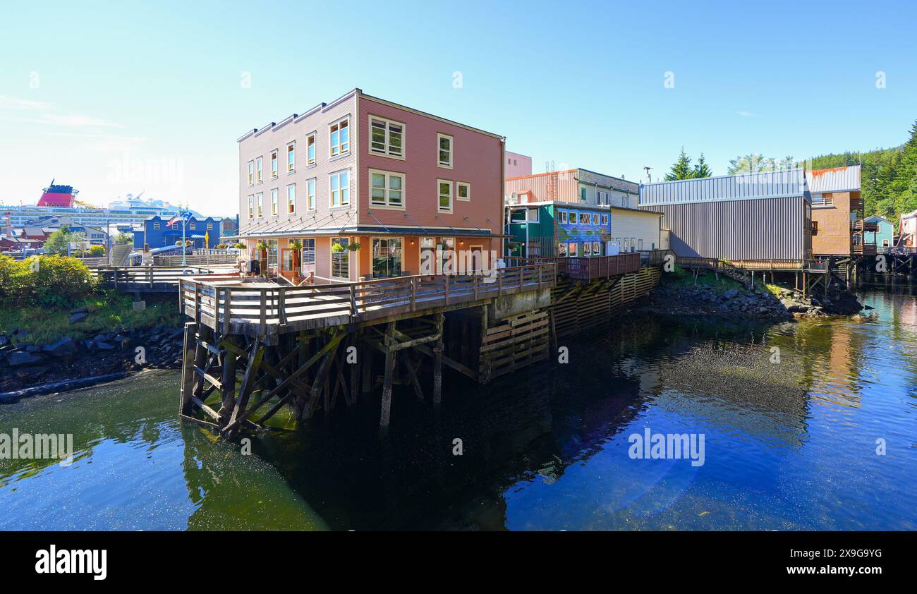 Historic wooden buildings of Creek Street in Ketchikan, built on a ...
