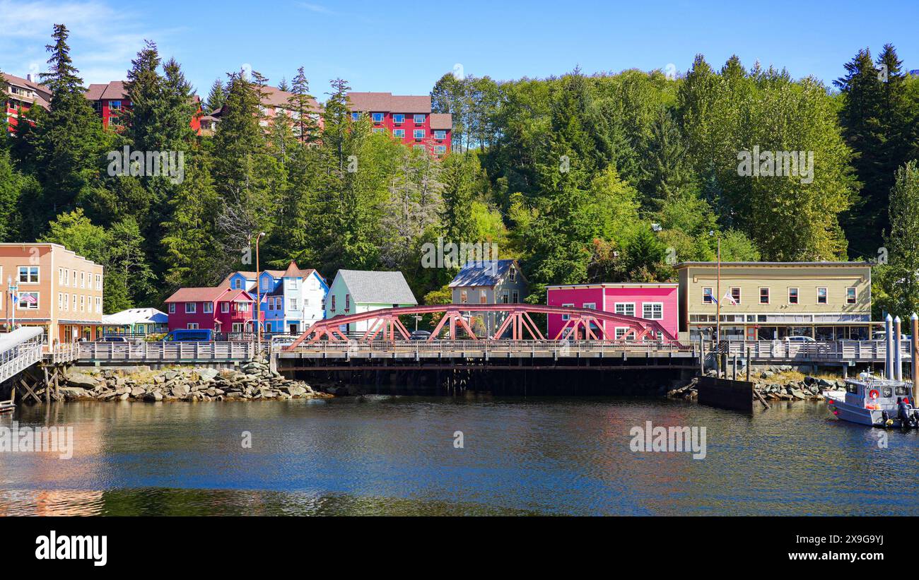 Historic wooden buildings of Creek Street in Ketchikan, built on a ...