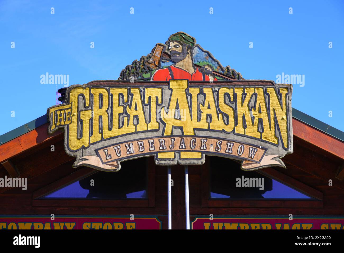 The Great Alaskan Lumberjack Show sign above the entrance to its ...