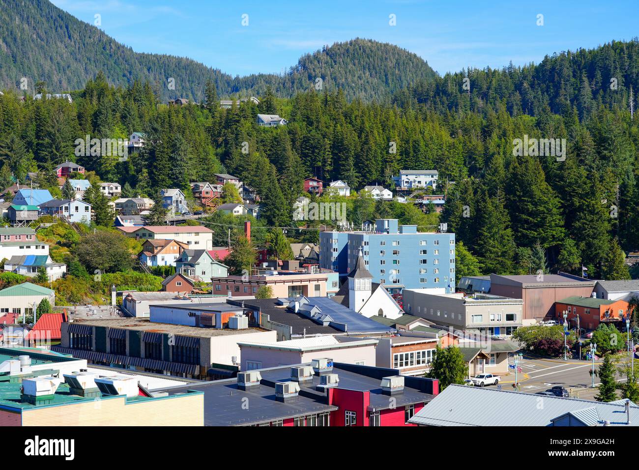 Aerial view of downtown Ketchikan with historic wooden houses ...