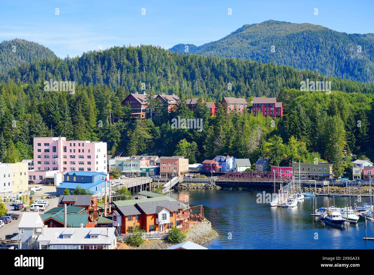 Aerial view of the marina of Ketchikan, the southernmost city of Alaska ...