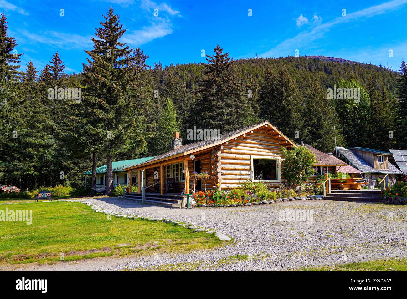 Log house of the Historic Taku Glacier Lodge, a wooden cabin located on ...