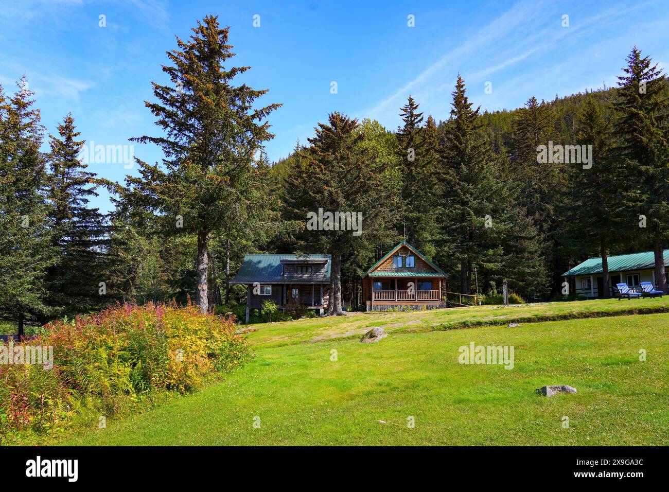 Log house of the Historic Taku Glacier Lodge, a wooden cabin located on ...