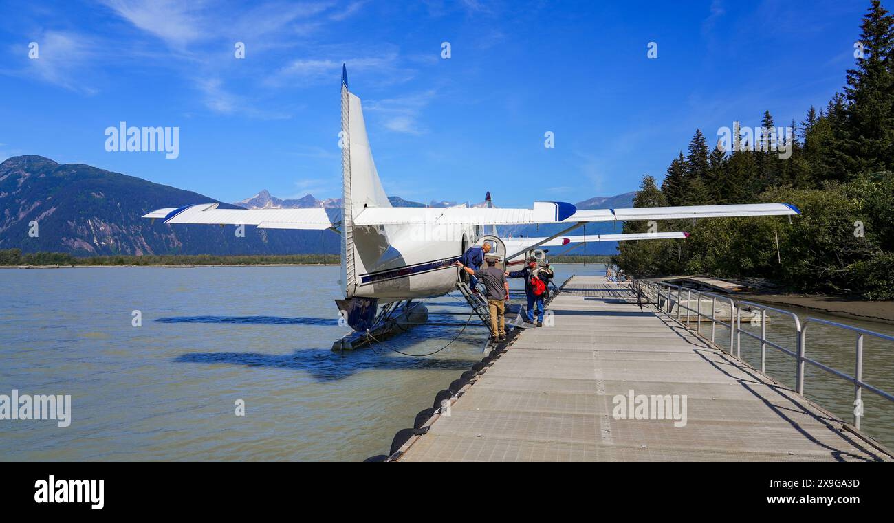Seaplane docked in a lake facing the Taku Glacier in the Juneau ...