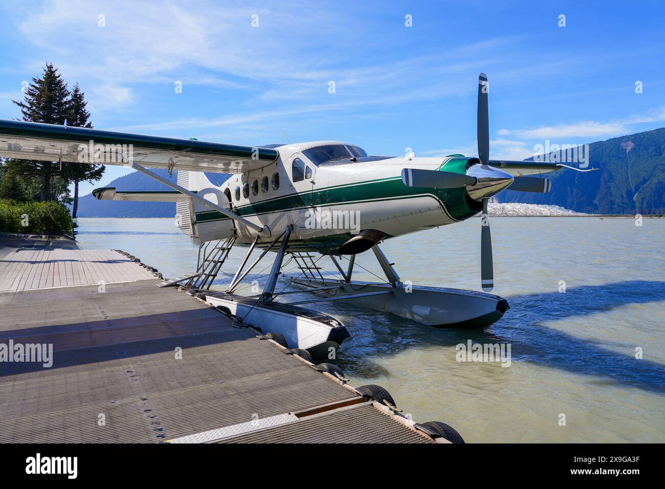 Seaplane docked in a lake facing the Taku Glacier in the Juneau ...