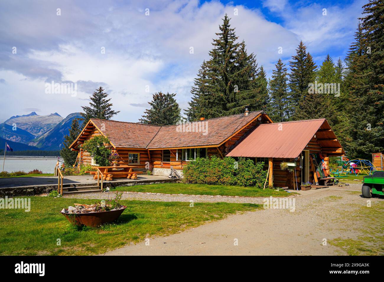 Log house of the Historic Taku Glacier Lodge, a wooden cabin located on ...