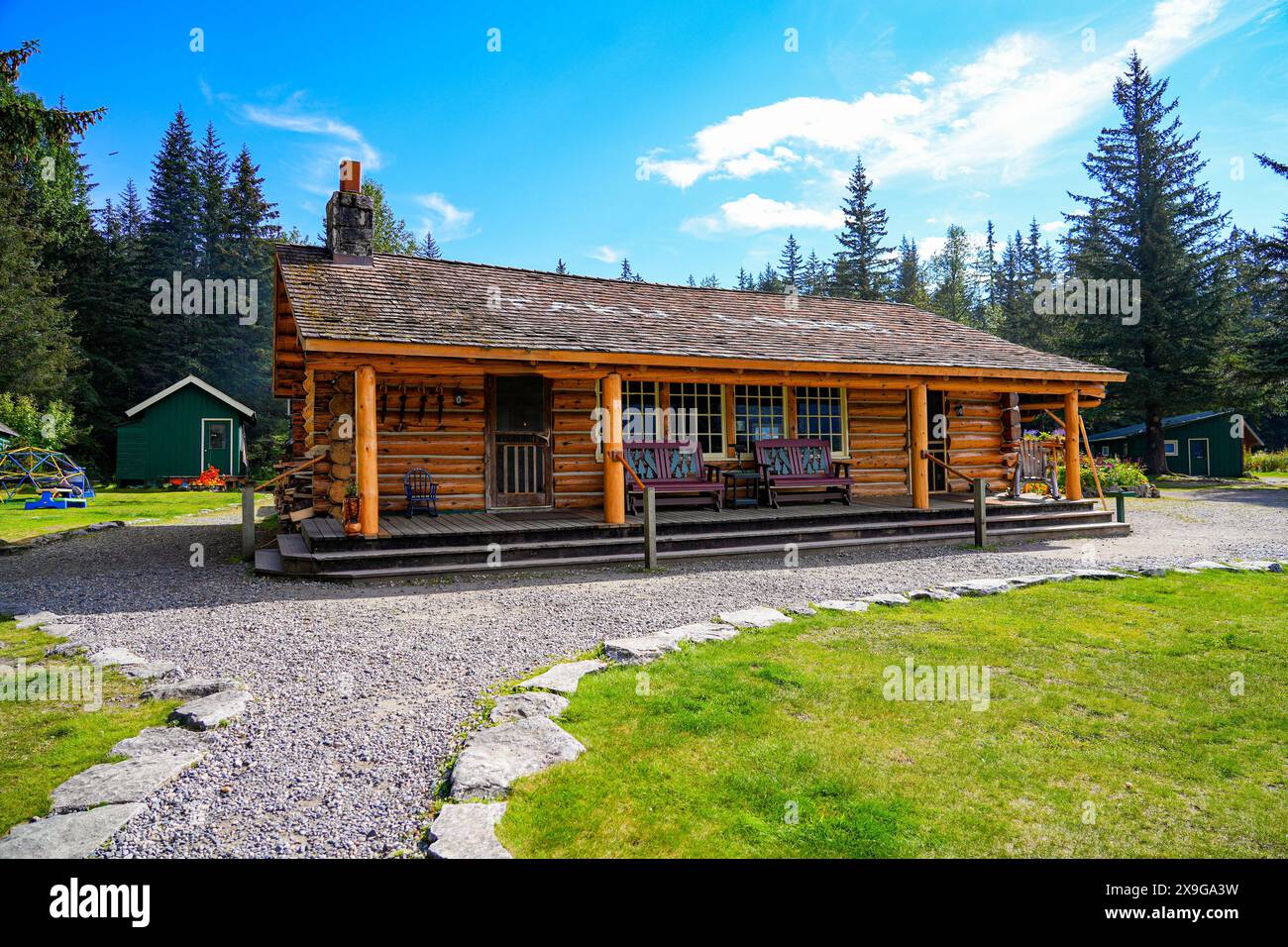 Log house of the Historic Taku Glacier Lodge, a wooden cabin located on ...