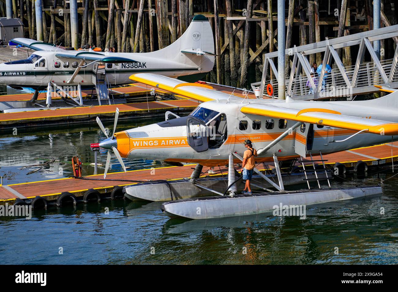 Seaplane moored in the waters of the Gastineau Channel in downtown ...
