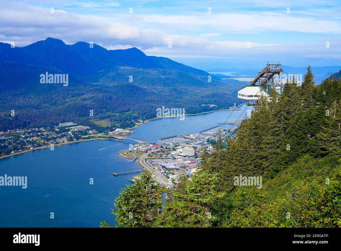 Aerial view of the historic city center of Juneau, the capital city of ...