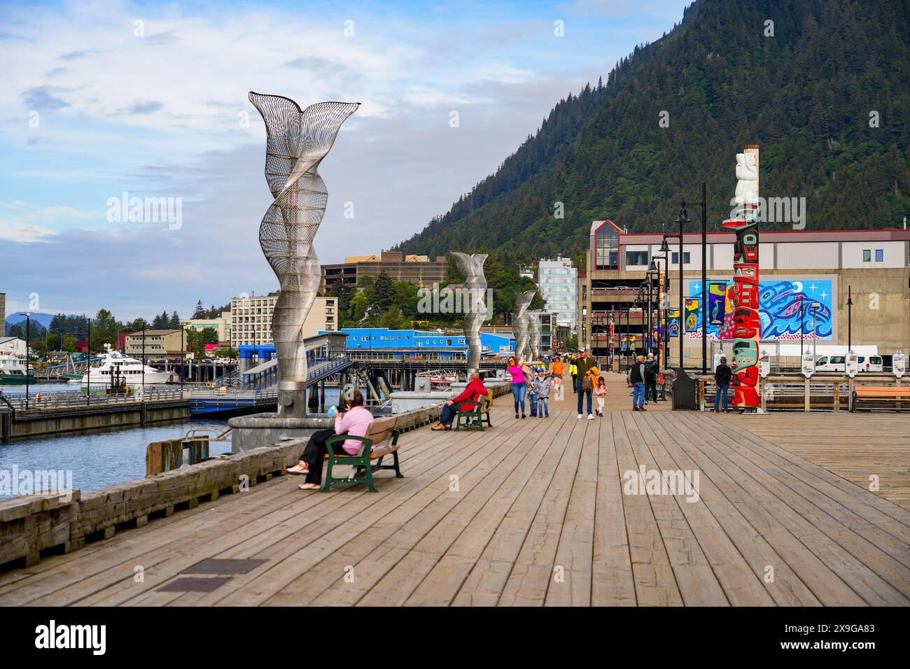 Oceanfront boardwalk promenade of Juneau, the capital city of Alaska ...