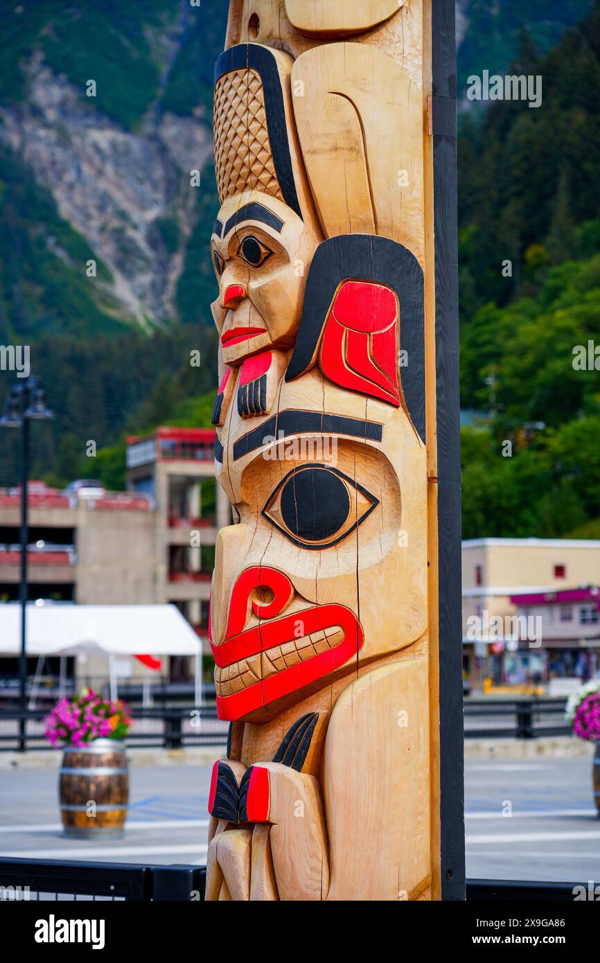 Native American totem pole in Juneau, capital city of Alaska, USA Stock ...