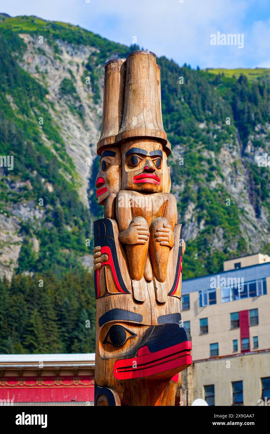 Native American totem pole on Sealaska Plaza in Juneau, capital city of ...