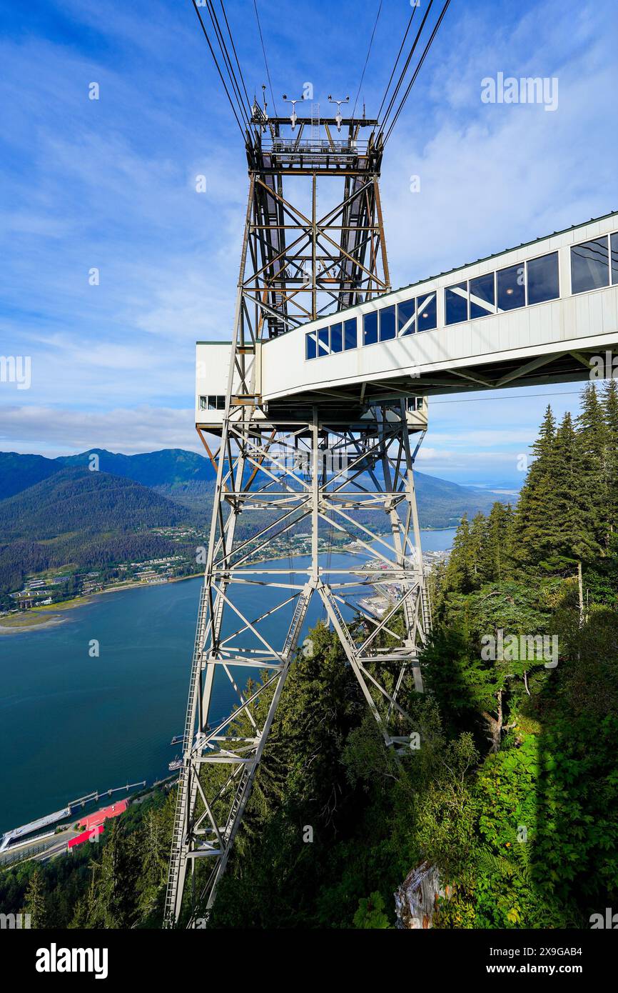 Tall steel tower at the top station of the Goldbelt Tram cable-car on ...