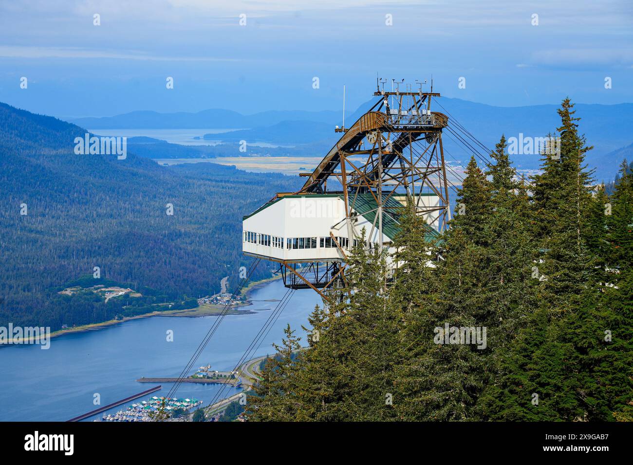 Tall steel tower at the top station of the Goldbelt Tram cable-car on ...