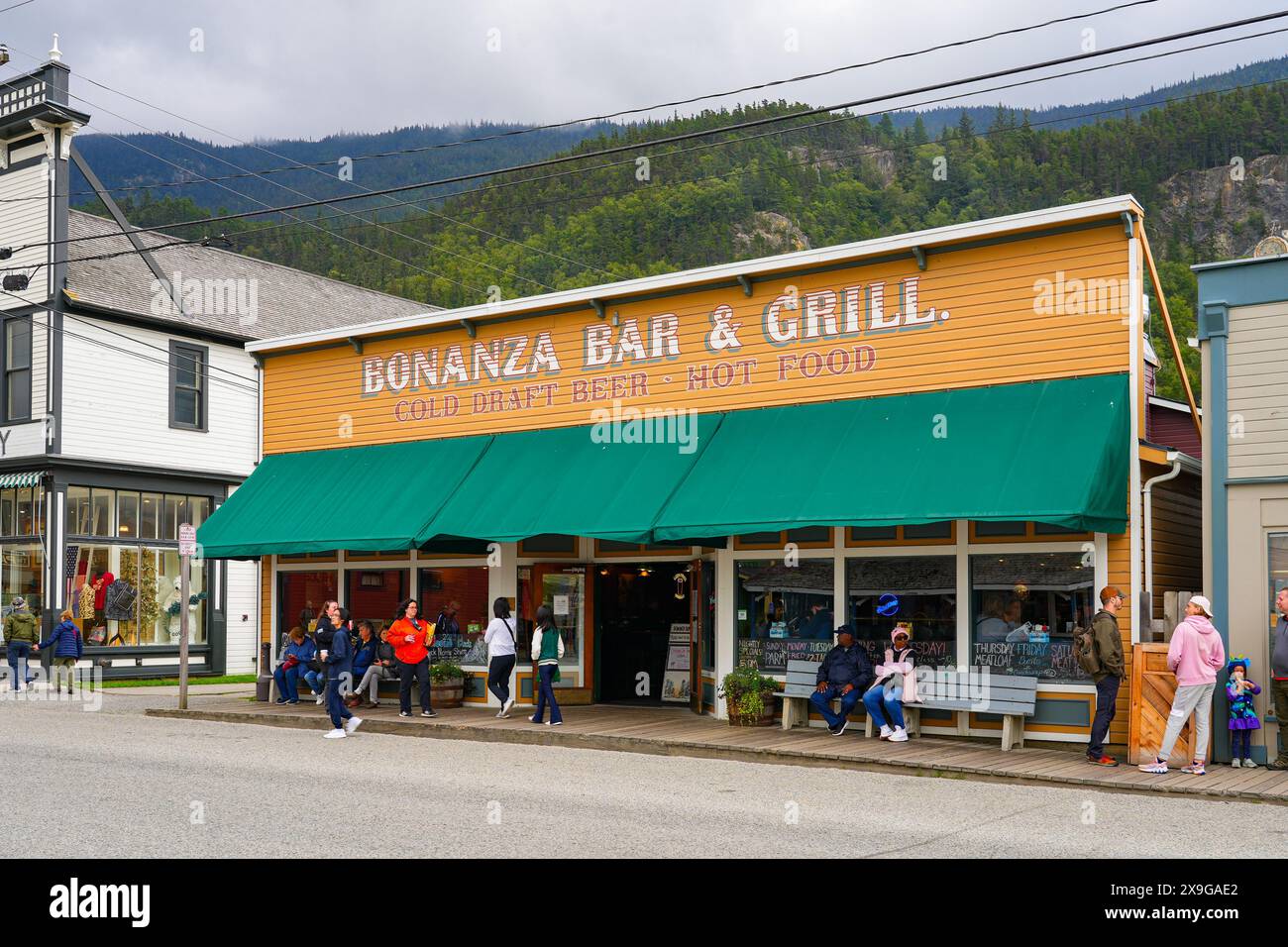 Old city center of Skagway, Alaska - Vintage storefront of Bonanza Bar ...