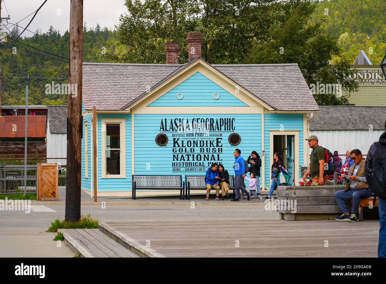 Old city center of Skagway, Alaska - Blue wooden house of the Alaska ...