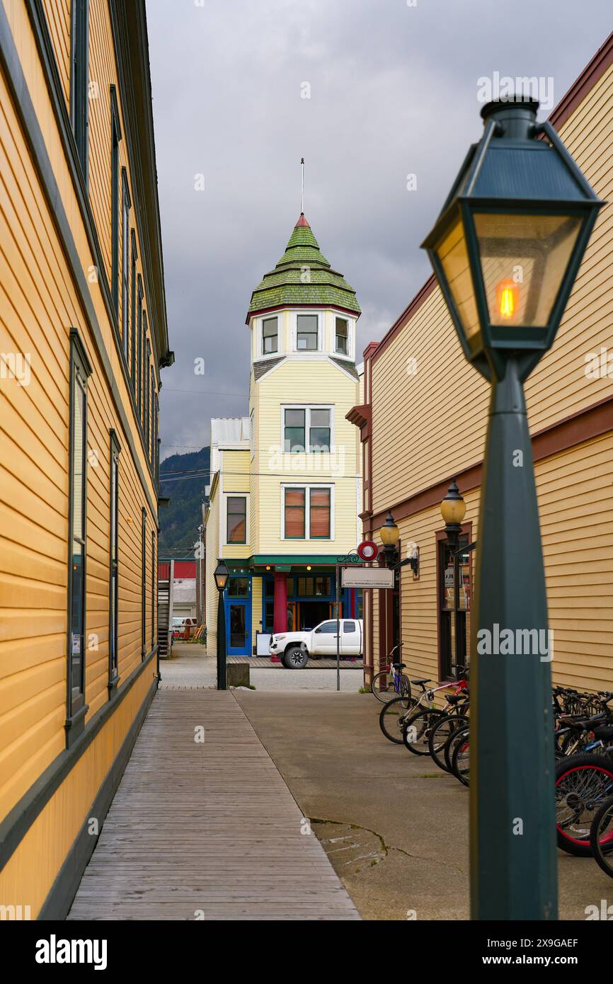 Old city center of Skagway, Alaska - Wooden tower in the Klondike Gold ...