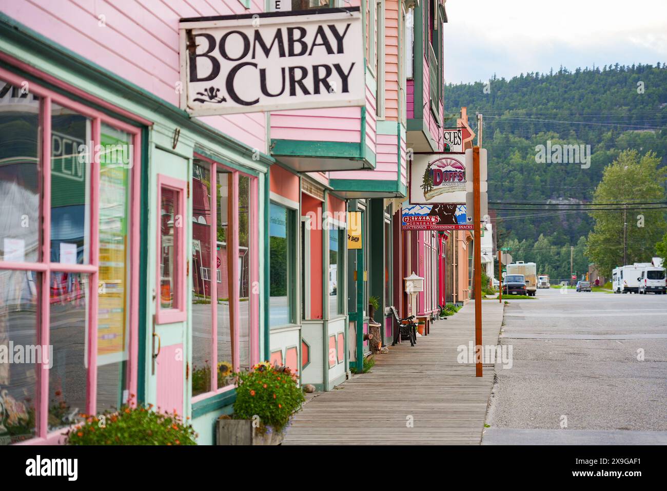 Old city center of Skagway, Alaska - Vintage store signboards on ...