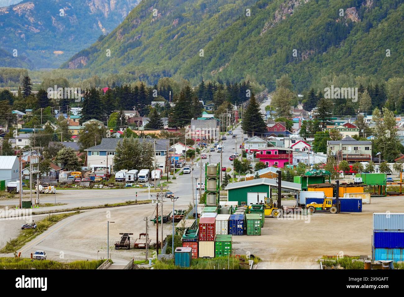 Aerial view of the old city center of Skagway, Alaska, in the Klondike Gold Rush National ...