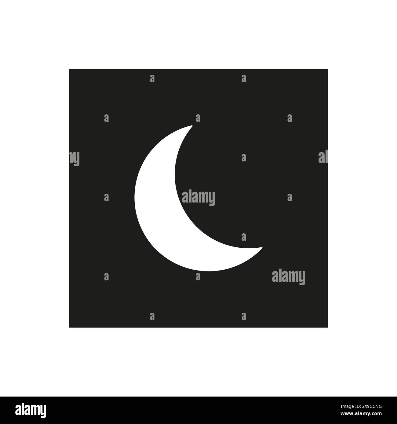 A white crescent moon is depicted inside a square against a black ...