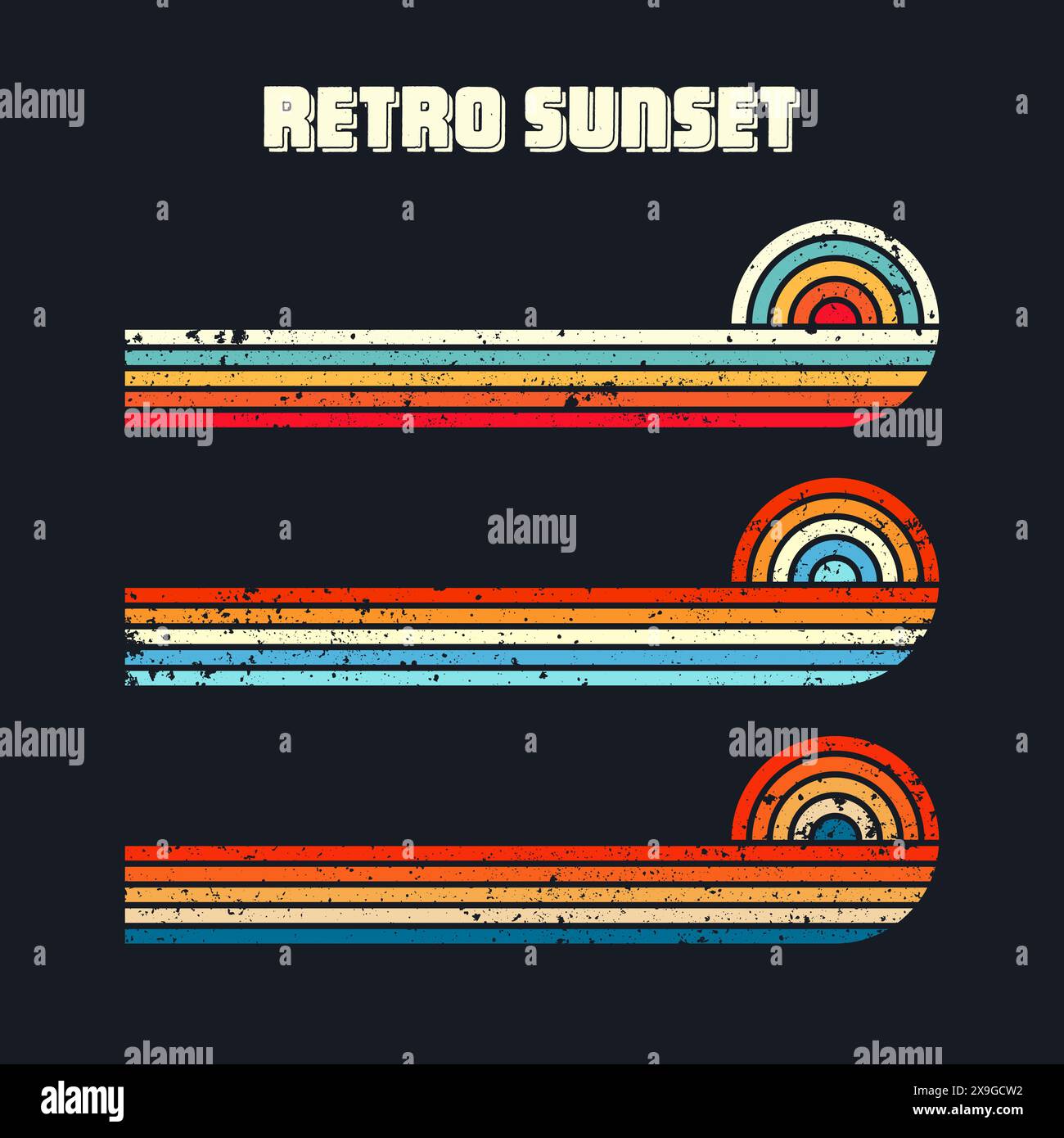 Grunge horizontal vintage sunsets. Various colorful striped sunrise ...