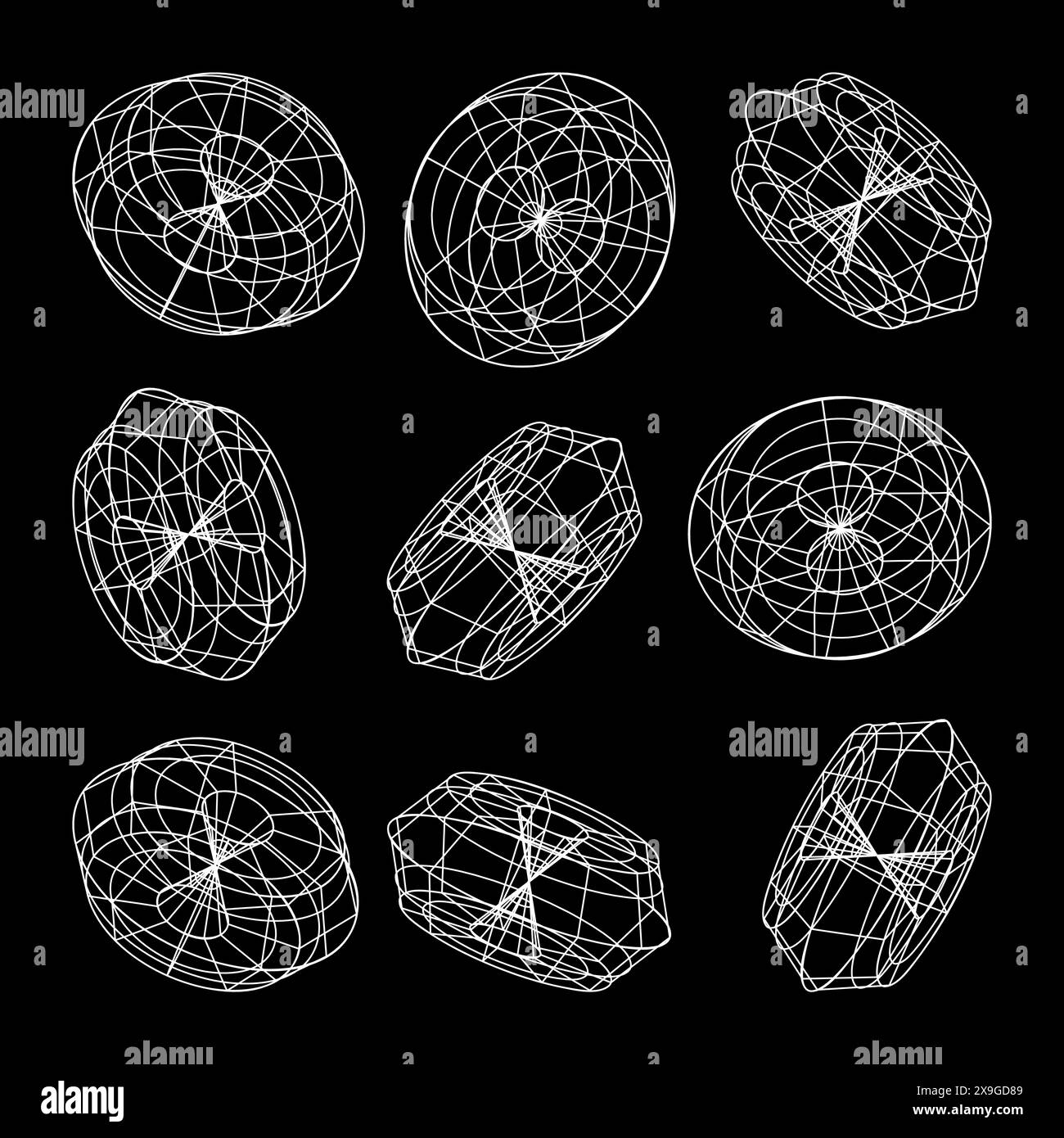 Wireframe lined shapes. Perspective mesh, 3d grid. Low poly geometric ...