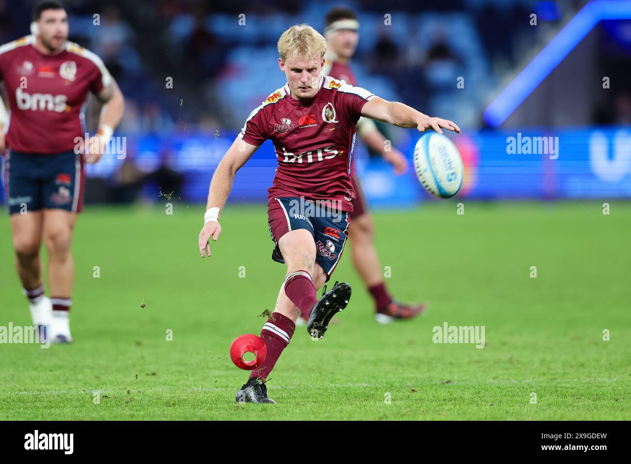 Sydney, Australia, 31 May, 2024. Tom Lynagh of Queensland Reds kicks ...