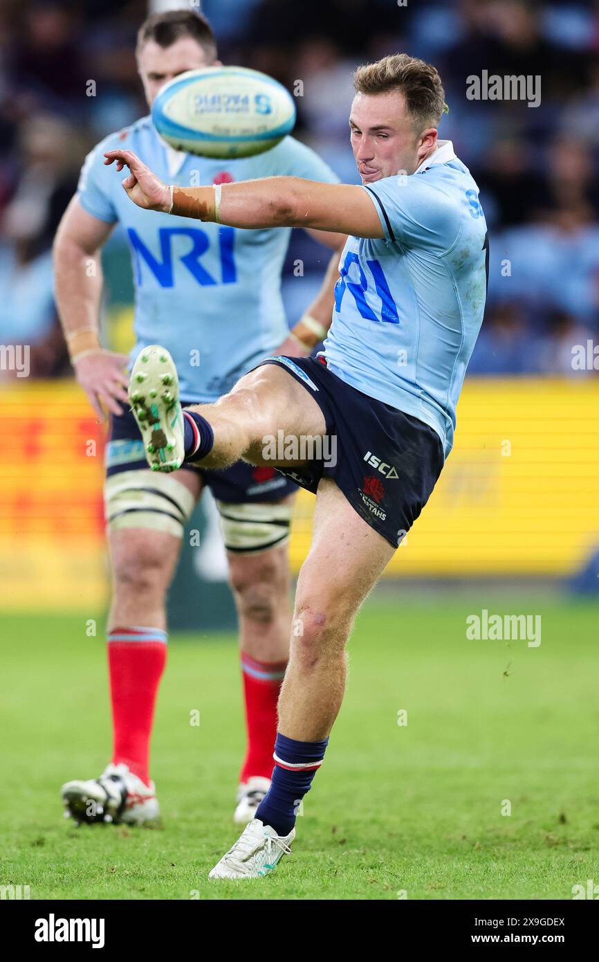 Sydney, Australia, 31 May, 2024. Jack Bowen of the Waratahs kicks during the Super Rugby Pacific ...