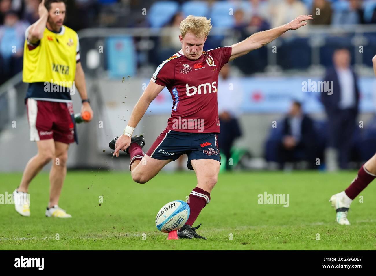 Sydney, Australia, 31 May, 2024. Tom Lynagh of Queensland Reds kicks ...