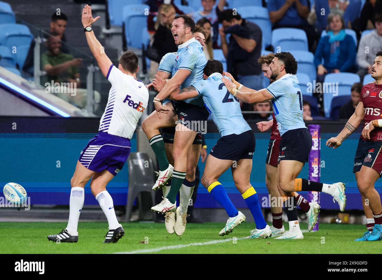 Sydney, Australia, 31 May, 2024. Dylan Pietsch of the Waratahs scores a ...