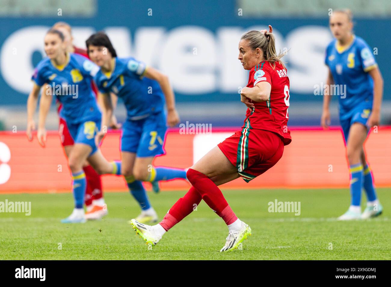 Llanelli, UK. 31st May, 2024. Kayleigh Barton of Wales scores her sides ...
