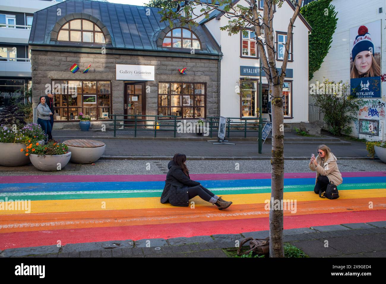 Skolavoerdustigur Rainbow street in Reykjavik in Iceland, painted in ...