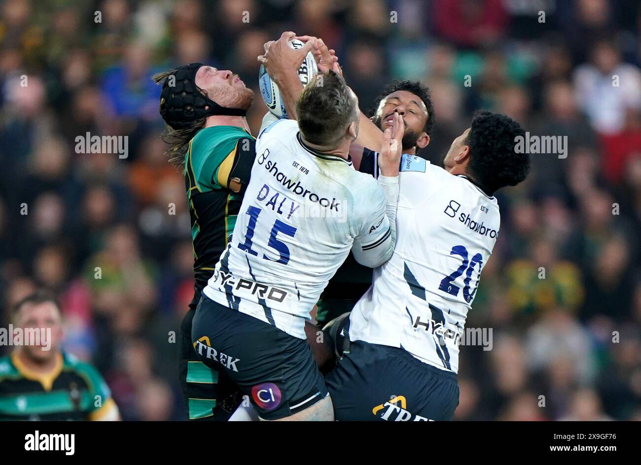 Northampton Saints' Courtney Lawes and Alexander Moon battle with ...